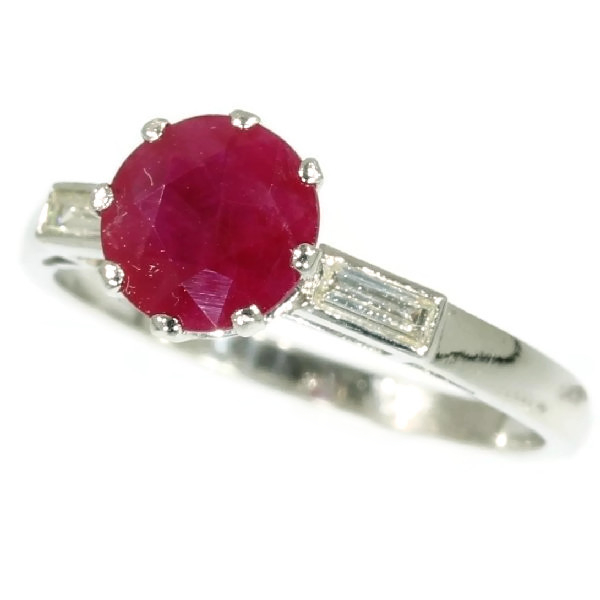 Estate diamond and ruby platinum engagement ring: Description by Adin Antique Jewelry.